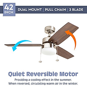 Prominence Home Reston, 42 Inch Modern Farmhouse LED Ceiling Fan with Light, Pull Chain, Dual Mounting Options, Dual Finish Blades, Reversible Motor - 51014-01 (Brushed Nickel)