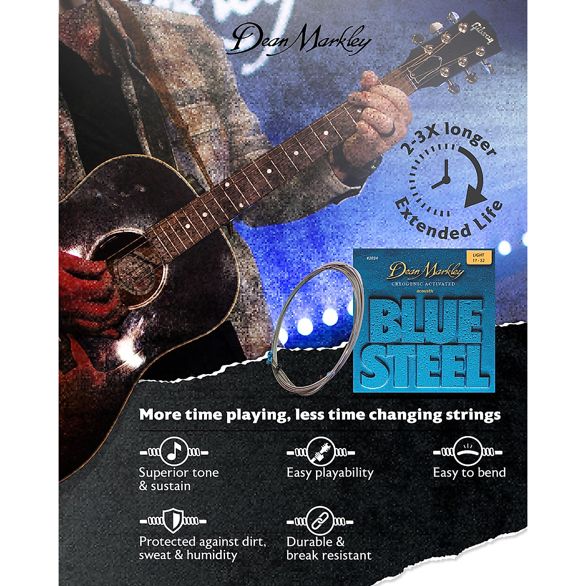 Dean Markley 2034 Blue Steel Acoustic Guitar Strings 6 String Set 11-52 Light Gauge, Cryogenically Processed Steel Guitar Strings for Longer Life, Superior Tone Performance & Tuning Stability