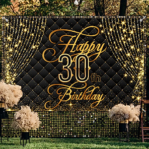 Happy 30th Birthday Banner Backdrop Royal Curtain Decorations Black Gold Background 30 Years Old Bday for Women Men Photography Party Decor Supplies