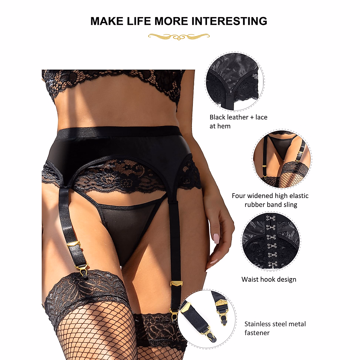 Women Faux Leather Black High Waisted Garter Belt Plus Size Lace Suspender Belt for Thigh High Stockings/Lingerie