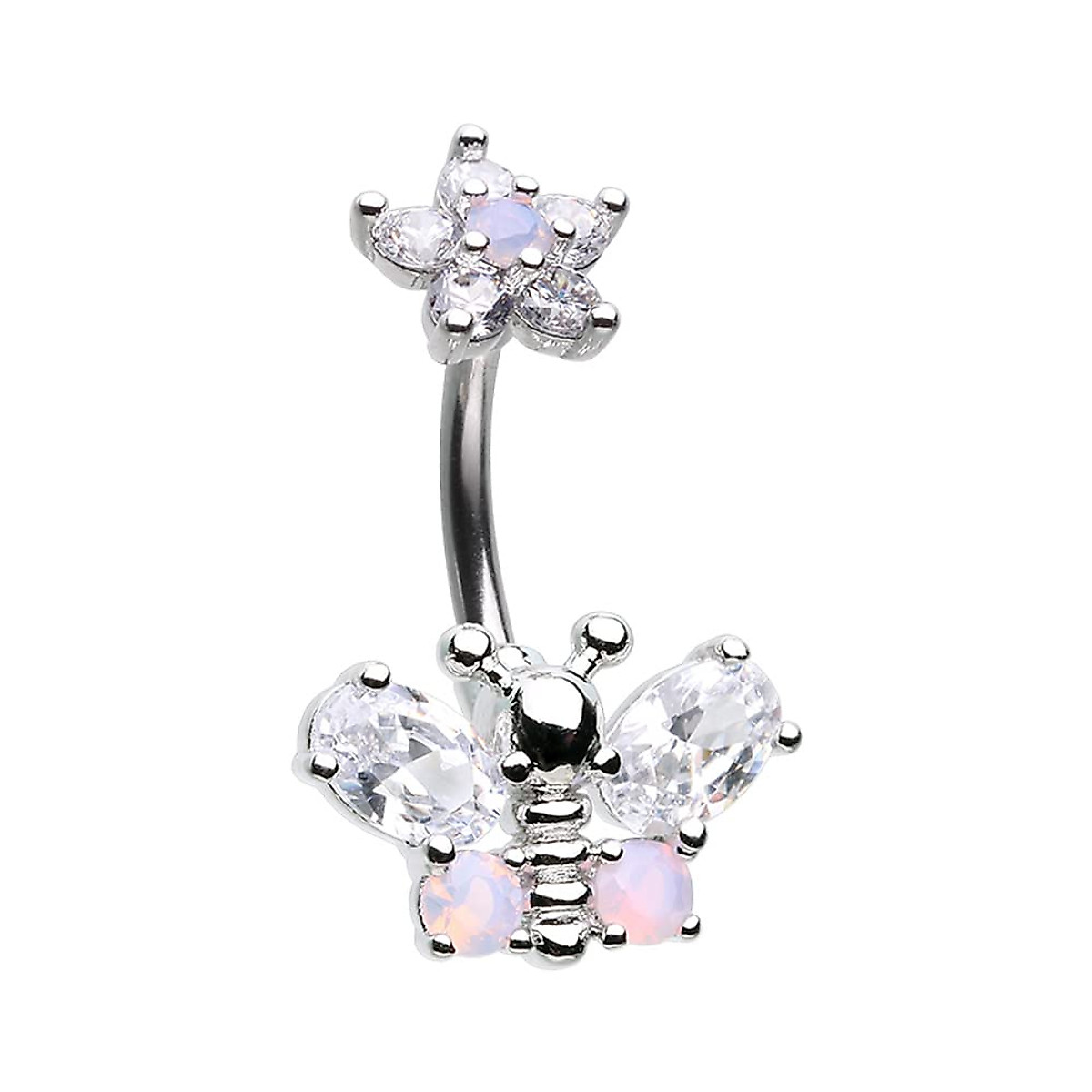 Pierced Owl 14GA Stainless Steel CZ Crystal Butterfly with Flower Top Belly Button Ring (Silver Tone)