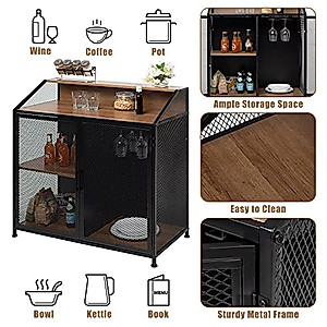 NSdirect Metal Coffee Bar Storage Cabinet, Industrial Bar Cabinet with Metal Mesh Doors, Coffee Bar Sideboard for Wines and Liquors, 33 Inch, with Wine Rack