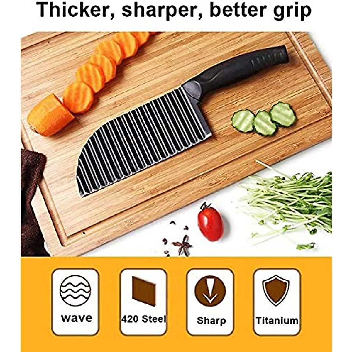 YukaBa Crinkle Potato Cutter 2.9" x 11.8" Stainless Steel Waves French Fries Slicer Handheld Chipper Chopper, Vegetable Salad Chopping Knife Home Kitchen Wavy Blade Cutting Tool, Black (1 Pack)