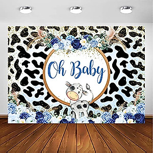 Avezano Milk Cows Baby Shower Backdrop Oh Baby Sign Baby Shower Party Decorations Blue Cow Stripes Floral Backdrops Cake Table Banners Boys Photography Backdground (7x5ft)