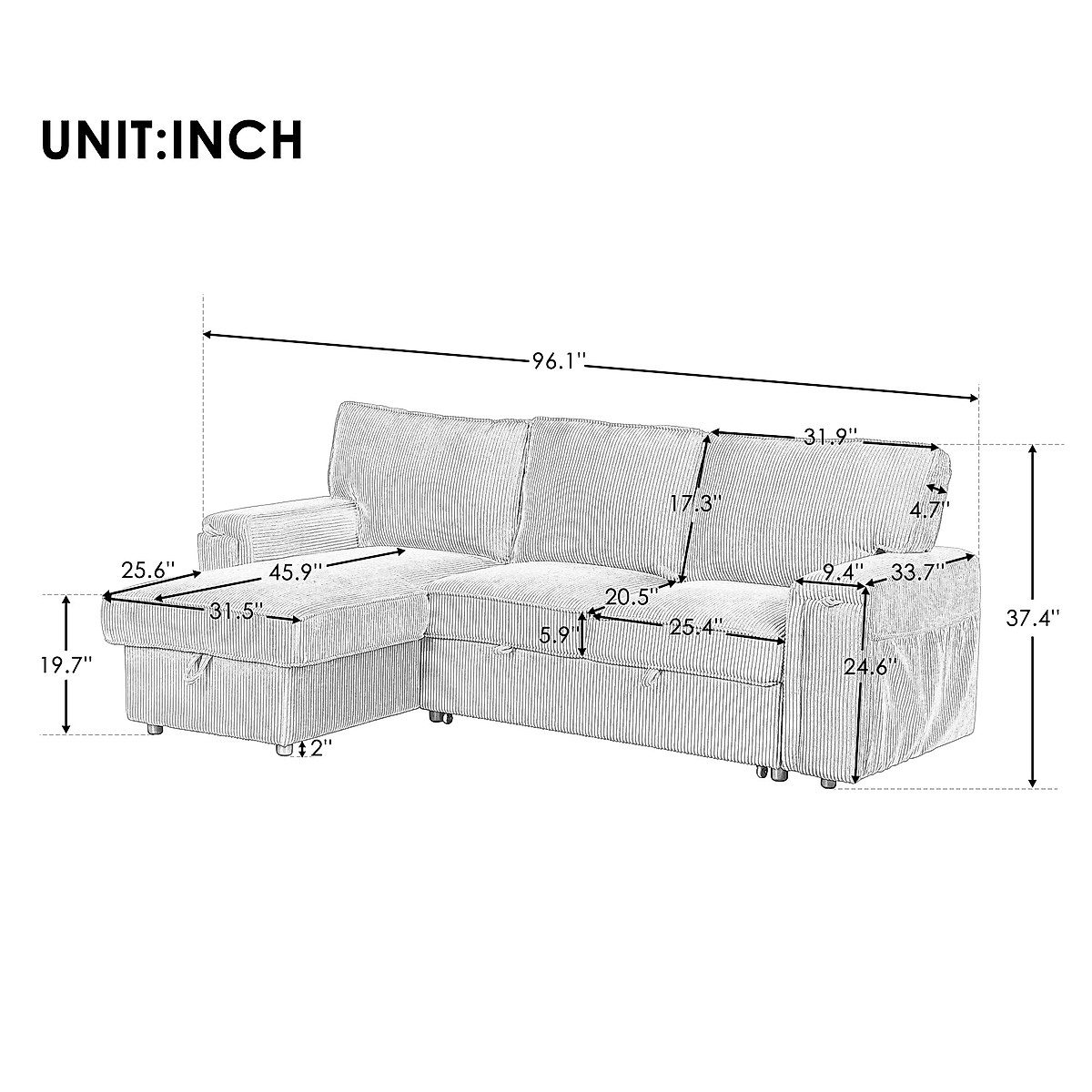 Corduroy Upholstered Convertible Sleeper Sectional Couch Pull Out Sofa Bed ,4 Seater L Shaped Corner Sofa&Couch Sofabed with Reversible Storage Chaise Lounge and Cupholders for Living Room Office