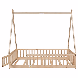Mirightone Tent Floor Bed for Kids Full Size Montessori Floor Bed with Slats and Guardrails Wood Teepee Bed Frame with Fence and Door for Boys Girls, Natural