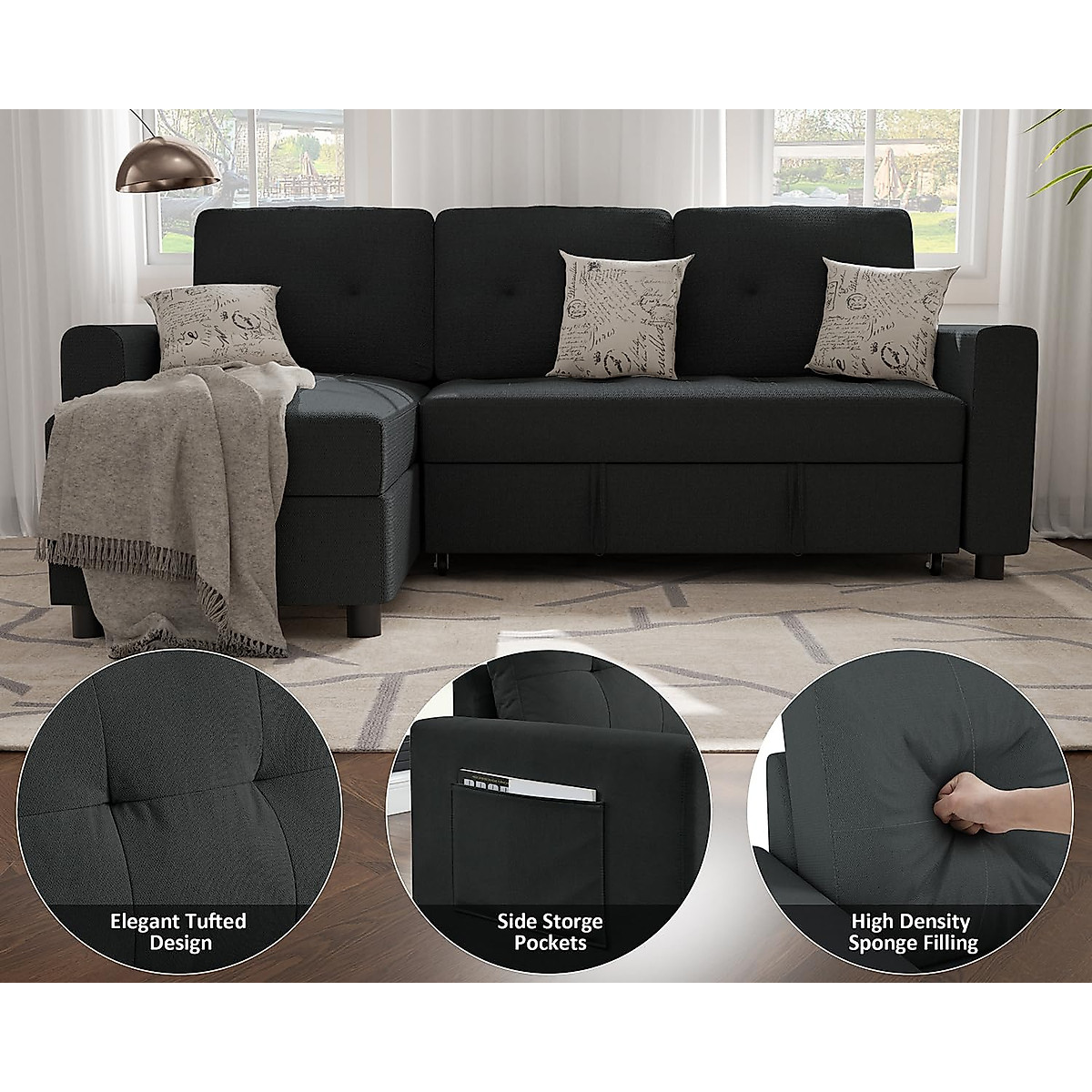 Ucloveria Sectional Sofa Couch, Sleeper Sofa Bed with Reversible Storage Chaise Pull Out Couch Bed for Living Room L-Shape Lounge 2 in 1 Futon Sofa with Side Storage Bag, Black