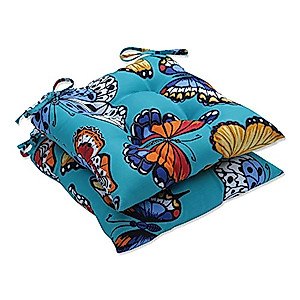 Pillow Perfect Outdoor/Indoor Butterfly Garden Turquoise Tufted Seat Cushions (Square Back), 2 Count (Pack of 1), Blue