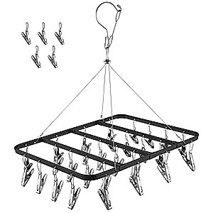TOWOOZ Clothes Drying Rack with Clips, Stainless Steel Durable Clip and Drip Hanger Windproof Clothes Hanger Rack for Socks/Bras/Underwear/Towels, Portable Laundry Drying Rack (28 Clips, Black)