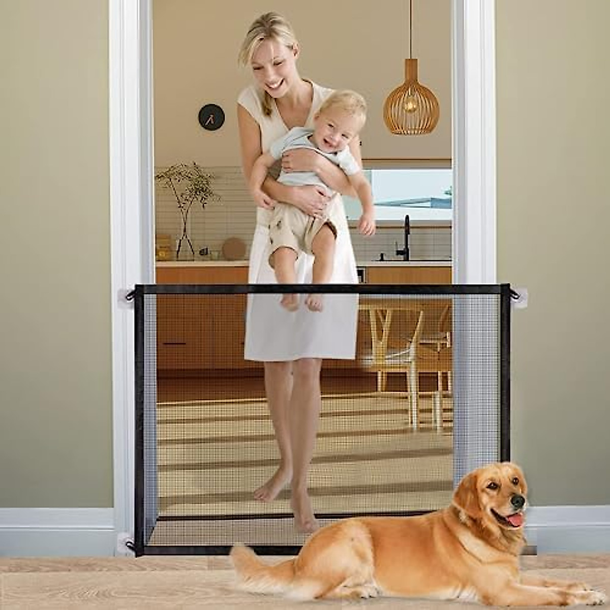 Portable Mesh Baby Gate,Black Mesh Magic Pet Dog Gate for Stairs/Doorways/Hallways Easy-Install Child's Safety Gates Folding for Indoor and Outdoor Safety Gate Install Anywhere for Dogs 43.3"x30.9"