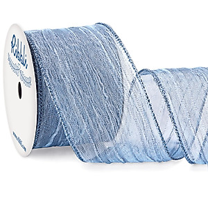 Ribbli Dusty Blue Crinkled Wired Ribbon 2.5 Inch with Metallic Wavy Christmas Ribbon for Cristmas Tree Topper Bow Wreaths Swags Gift Wrapping Wedding Decoration-Countinuous 10 Yard
