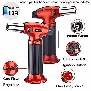 FunOwlet Butane Torch Lighter + Butane Torch Head, Culinary Torches Chef Cooking Professional Adjustable Flame with Reverse Use for Creme, Brulee, BBQ, Baking, Jewelry