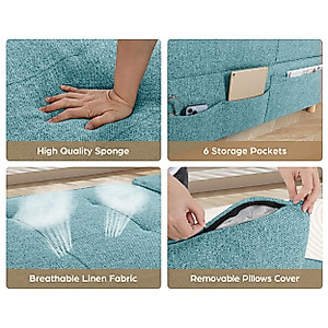 SEJOV Sleeper Sofa Chair Bed,4-in-1 Convertible Sofa Bed Chair with 6 Adjustable Backrest and Pillow, 3-Seat Pull Out Sleeper Chair Linen No Backrest for Bedroom Small Space Living Room, Sky Blue