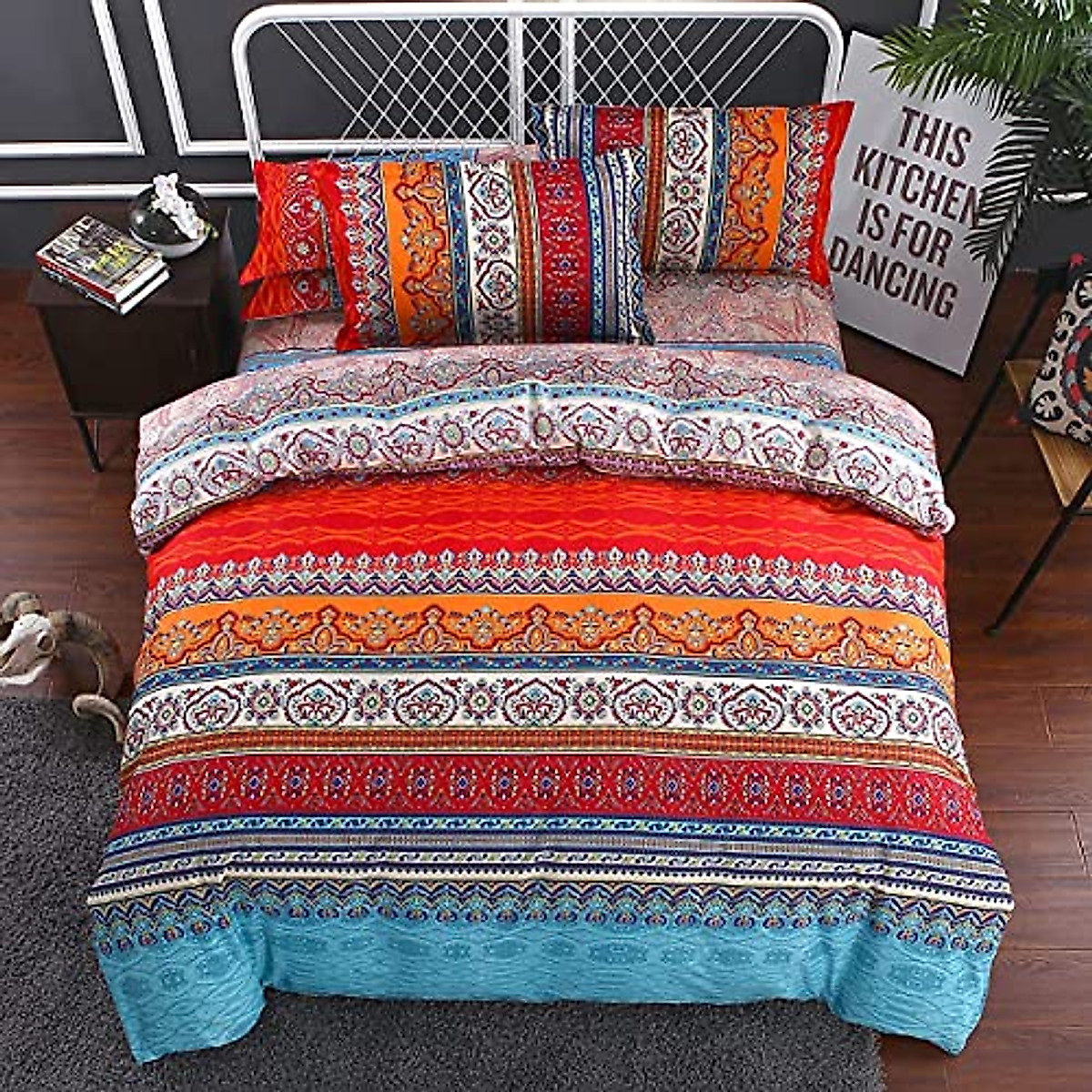 WONGS BEDDING Bohemian Quilt Set and Comforter Set Queen, Boho Striped Pattern Printed Quilt Coverlet for All Season, Soft Microfiber Boho Bedspread Set 90"x96"(3 Pieces, Queen)