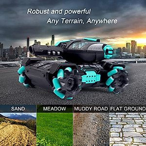 Bindove RC Stunt Tank with Light, Watch Gesture Sensor RC Tank Toy, 360 Rotation Remote Control Stunt Car Shooting Water Bullets, Gifts for Children (Black and Cyan)