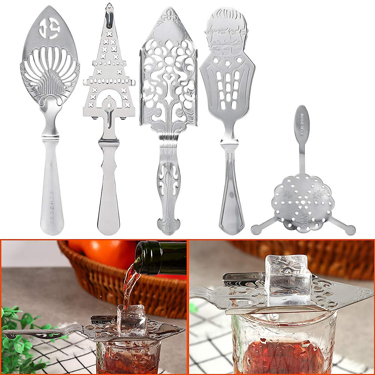 Absinthe Spoon, Stainless Steel Wormwood Spoon, 4 Optional Types, Bitter Scoop Glass Cup Drinking Filter, Bar Cocktail Tea Coffee Stirring Slotted Spoon(#1)