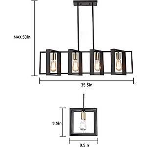 35.4" Kitchen Island Lighting Fixture, Dining Room 4 Lights Chandeliers, Black Wood+Metal Pendant Light for Foyer Hallway Living Room