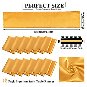 12 Pack Gold Satin Table Runner,12 x 108 inch Long Premium Smooth Table Runner for Wedding, Banquets, Birthday, Party, Graduation, Engagements, Table Runners fit Rectangle and Round Table