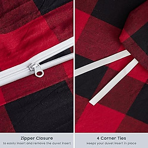 Wake In Cloud - Gingham Cotton Duvet Cover Set, Plaid Buffalo Check Checkered Farmhouse, 100% Washed Cotton Textured Percale Bedding Set, 3 Pieces, Red Black, California King Size