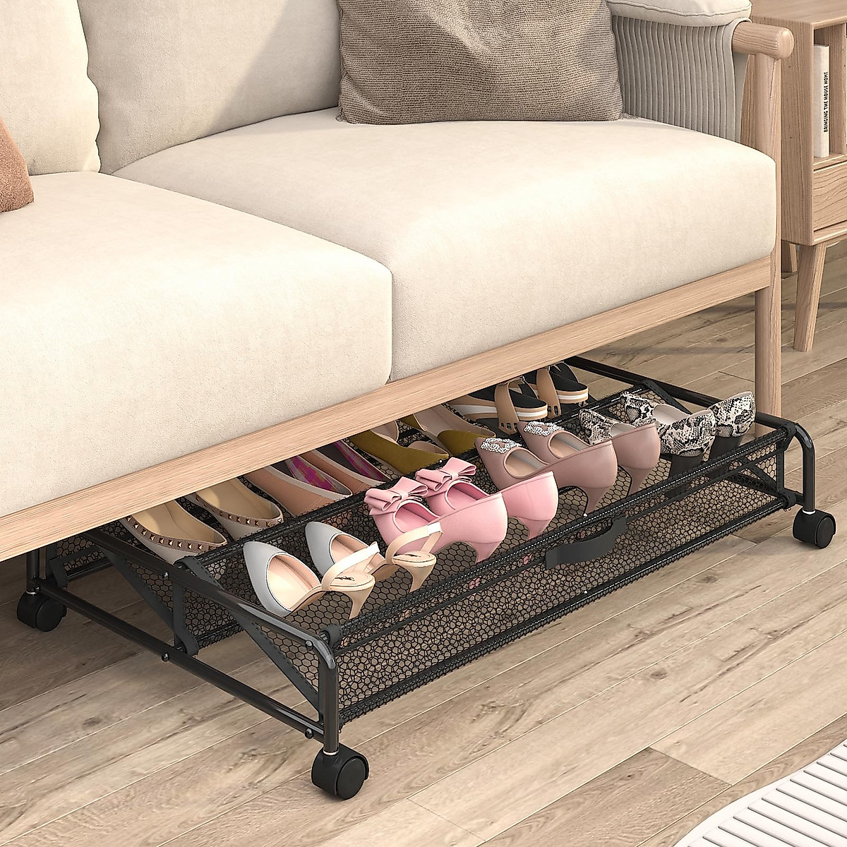 KOSIWU Under Bed Shoe Storage with Wheels, 2 Pack Rolling Under Bed Storage Containers for Shoes Metal Shoe Rack Organizer Bedroom Organization