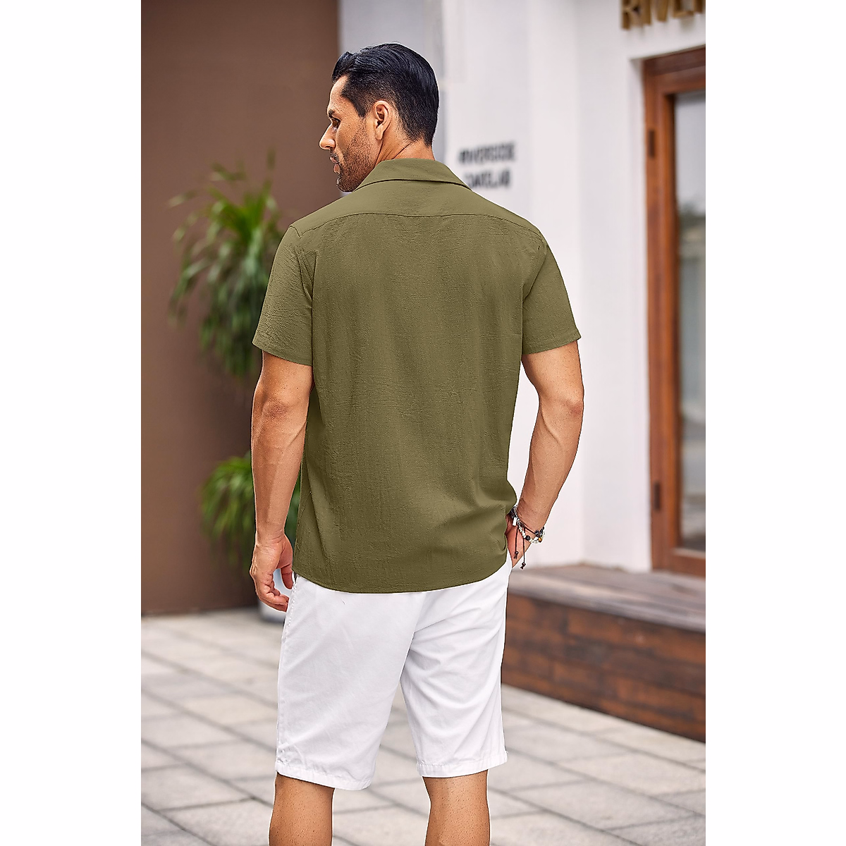 COOFANDY Mens Army Green Linen Button Up Shirts Short Sleeve Summer Button Down Shirt Vacation Collared Shirt (Army Green L)