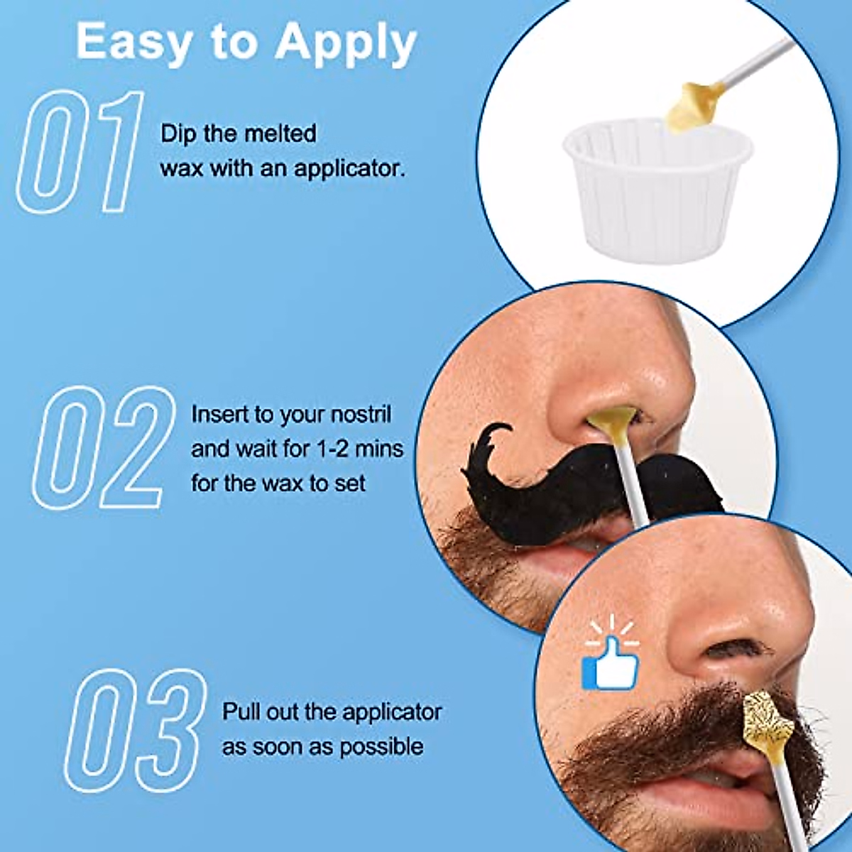 Keethem Nose Wax Kit for Men and Women - Instant Hair Removal, 100g Hard Wax, 20 Applicators, 10 Mustache Guards, and 10 Paper Cups - Painless, Safe, and Long-Lasting Results with 20x Usage - Black Applicators