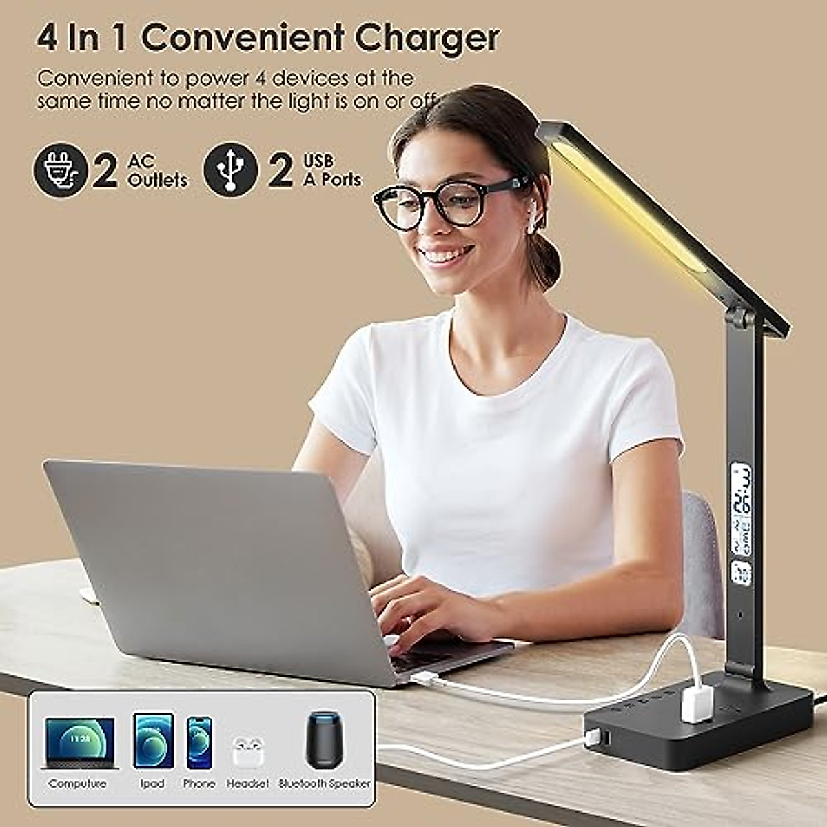 LED Foldable Desk Lamp with 2 USB Charging Port & 2 AC Power Outlets, 5 Color& 5 Brightness.Touch Control Dimmable Office/Home Timer Table Lamps with Clock, Alarm, Date, Temperature, Night light.