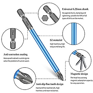 BAYTORY 10-Piece Magnetic Anti-Slip Screwdriver Bits with 1-Piece Magnetize Corrector Tool, 1/4 inch Hex Shank PH2 Phillips Screw Head 25-150mm Long Electric Cross Drill Bit Set