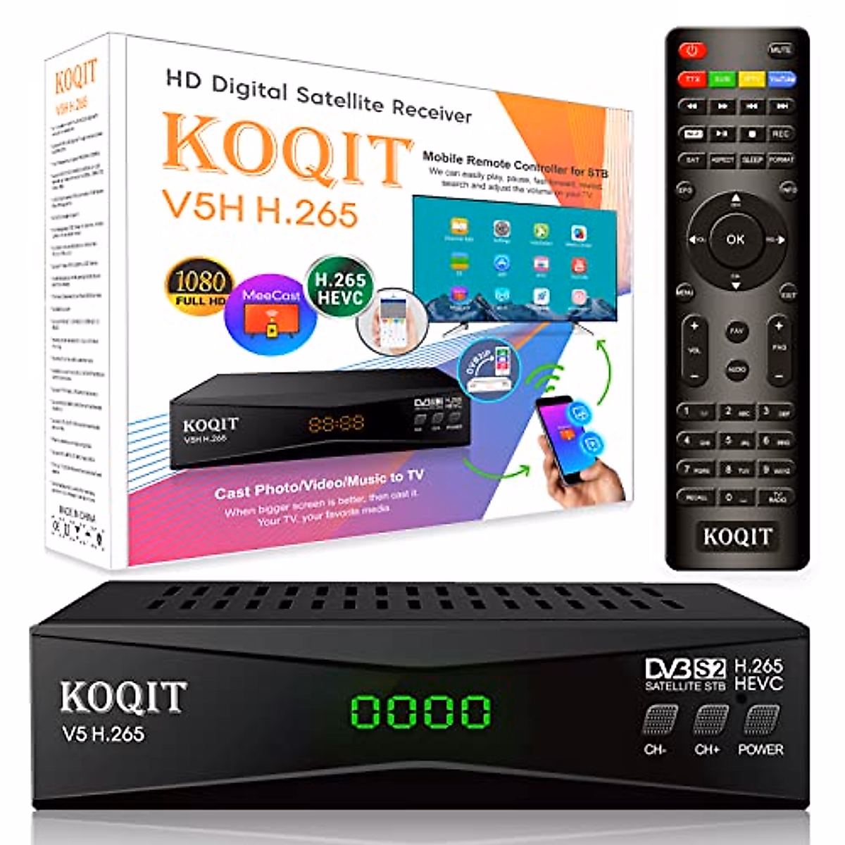 Koqit V5H H.265 Free To Air FTA Satellite Receiver DVB-S2 Satellite TV Receiver HEVC DVB S2 Galaxy 19 Receivers Sat DVB Finder Meecast Biss PVU YouTube TV Decoder DVB2IP Box