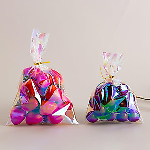 Morepack Easter Iridescent Holographic Cellophane Bags,6x9 Inch 100 Pcs Party Favor Treat Bags with 5 Colors Twist Ties for Baby Showers Weddings Birthday Party