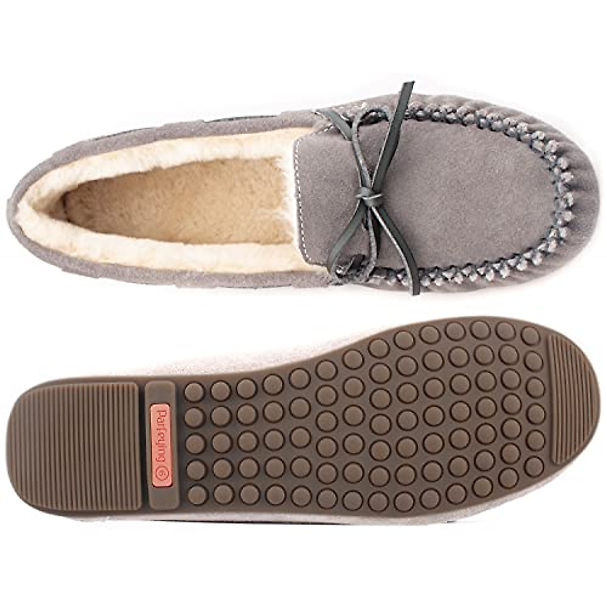 Parfeying Women's Sheepskin Moccasins Cow Suede Memory Foam Slippers Indoor Outdoor Shearling Winter Shoes,L20101 Grey 5US
