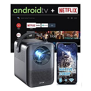 Mini Smart Projector Native 1080P, ETOE D2 Pro Portable Projector Android TV 10.0 with Prime Video, Netflix, Disney+, Video Projector 5G WiFi Bluetooth, Compatible with iOS/Android/Windows/USB