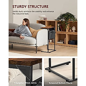Vantic C Shaped End Table, Small Couch Side Table with Storage Bag, Sturdy Slide Under Sofa Table with Metal Frame for Living Room & Bedroom (16" L x 11.6" W x 28" H), Rustic Brown