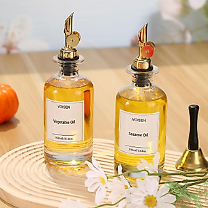 VOISEN Olive Oil Dispenser Bottle for Kitchen, Glass Oil Bottle Set of 3, Coffee Syrup Dispenser,Glass Oil Container with Metal Pourer,Funnel,42 Waterproof Labels