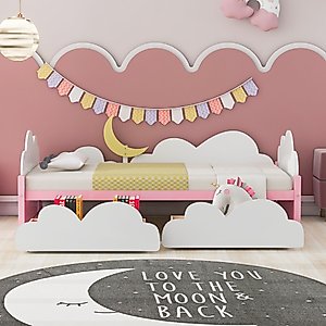Yehha Twin Daybed for Kids, Solid Wood Bedframe w/Clouds and Moon Decor, 2 Storage Drawers, Cartoon Low Bed Frame for Boys & Girls Bedroom, Pink