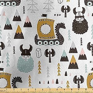 Lunarable Scandinavian Fabric by The Yard, Childish Pattern with Vikings Hand-Drawn Nordic Cultural Historical Elements, Decorative Satin Fabric for Home Textiles and Crafts, 1 Yard, Multicolor