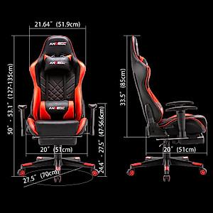 ANBEGE Gaming Chair Retractable Footrest 2D Armrest Office Chair Height Adjustable Leather High Back Ergonomic Headrest Massage Lumbar Cushion Swivel Rocker Recliner Computer Chair (RED)