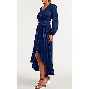 PRETTYGARDEN Women's 2023 Fall Dresses Casual Long Sleeve Wrap V Neck Maxi Dress High Low Wedding Guest Dress Ruffle Hem (Navy,Large)