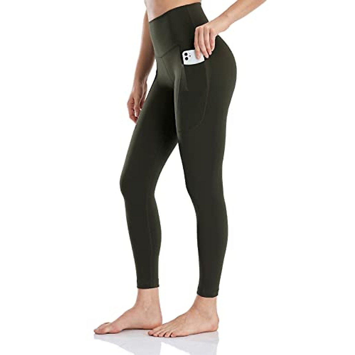 HeyNuts Leggings with Pockets for Women, High Waisted 7/8 Leggings Tummy Control Compression Workout Buttery Soft Pants 25'' Dark Olive L(12)