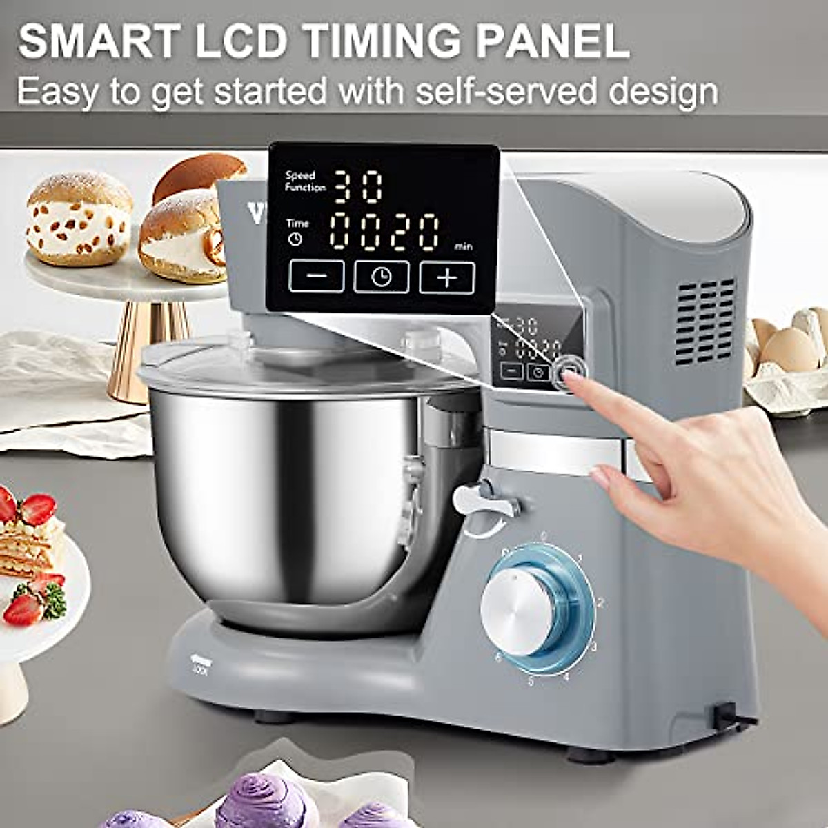 VEVOR Stand Mixer, 660W Electric Dough Mixer with 6 Speeds LCD Screen Timing, Tilt-Head Food Mixer with 5.8 Qt Stainless Steel Bowl, Dough Hook, Flat Beater, Whisk, Scraper, Splash-Proof Cover - Gray