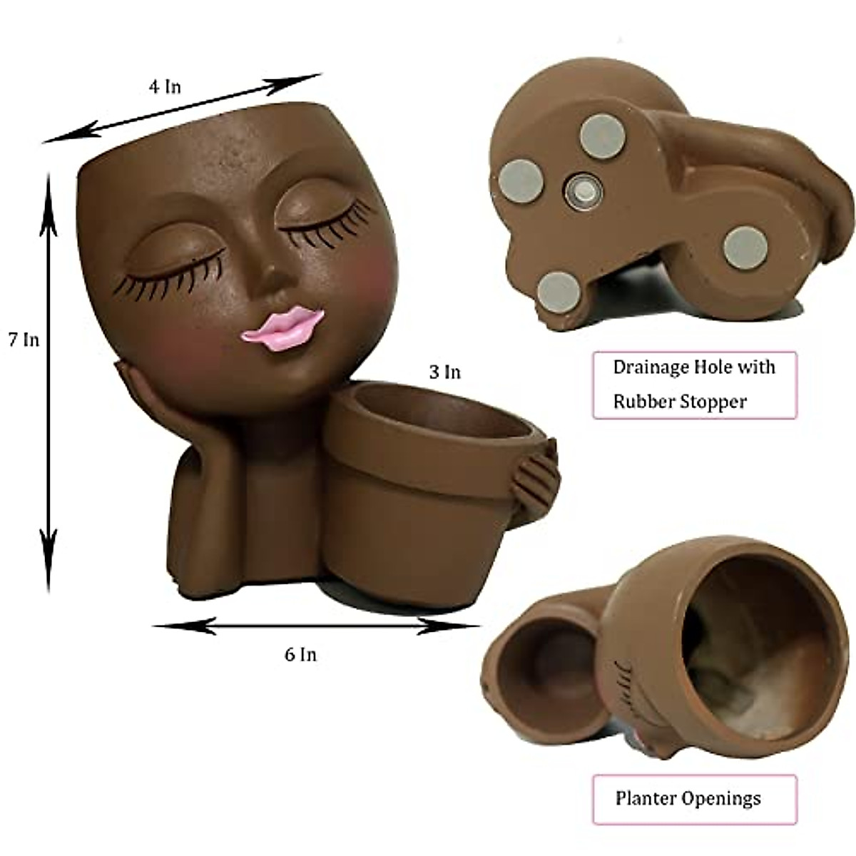 Dolkgy Face Flower Pot Head Planter, Black Woman Unique Planters for Indoor Outdoor Plants, Novelty Plant Pots Lady Vase with Drainage Hole Home Garden Succulents Cactus