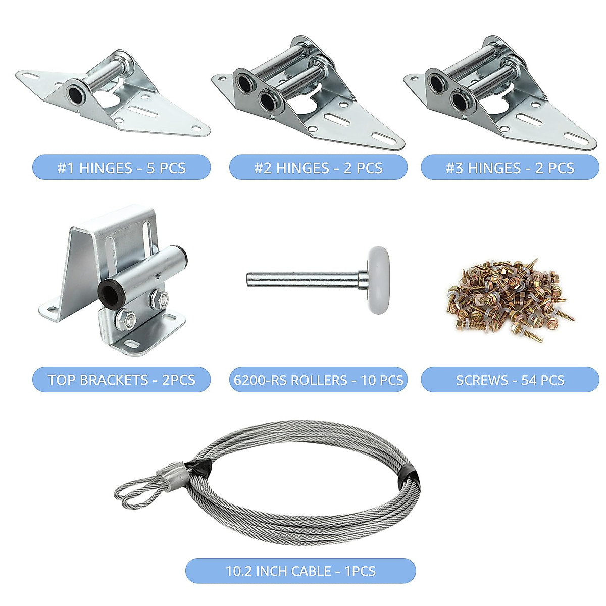 AKOLAFE Tune Up Kit for 16 x 7' or 18 x 7' Garage Door, Includes 10pcs Garage Door Rollers, 9pcs Garage Door Hinges, 2pcs Garage Door Bracket, 1pcs Garage Door Cable, 54pcs Garage Door Screws