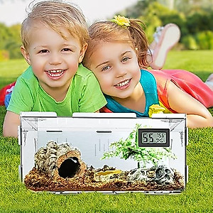 Reptile Terrariums, with Temperature Hygrometer, 11.8"x7.9"x5.9" Acrylic Reptile Breeding Box Terrarium Cage Tank for Small Reptile Insect Home Office