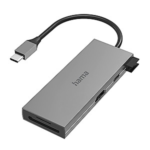 Hama USB C Hub 6 Ports (Multiport Adapter 1x HDMI 4K, 2X USB-A, 1x USB-C for Transfer Data and Charging with PD, 2X Card Reader SD and microSD, USB C Adapter 6-in-1 for Office, Home Office) Aluminium