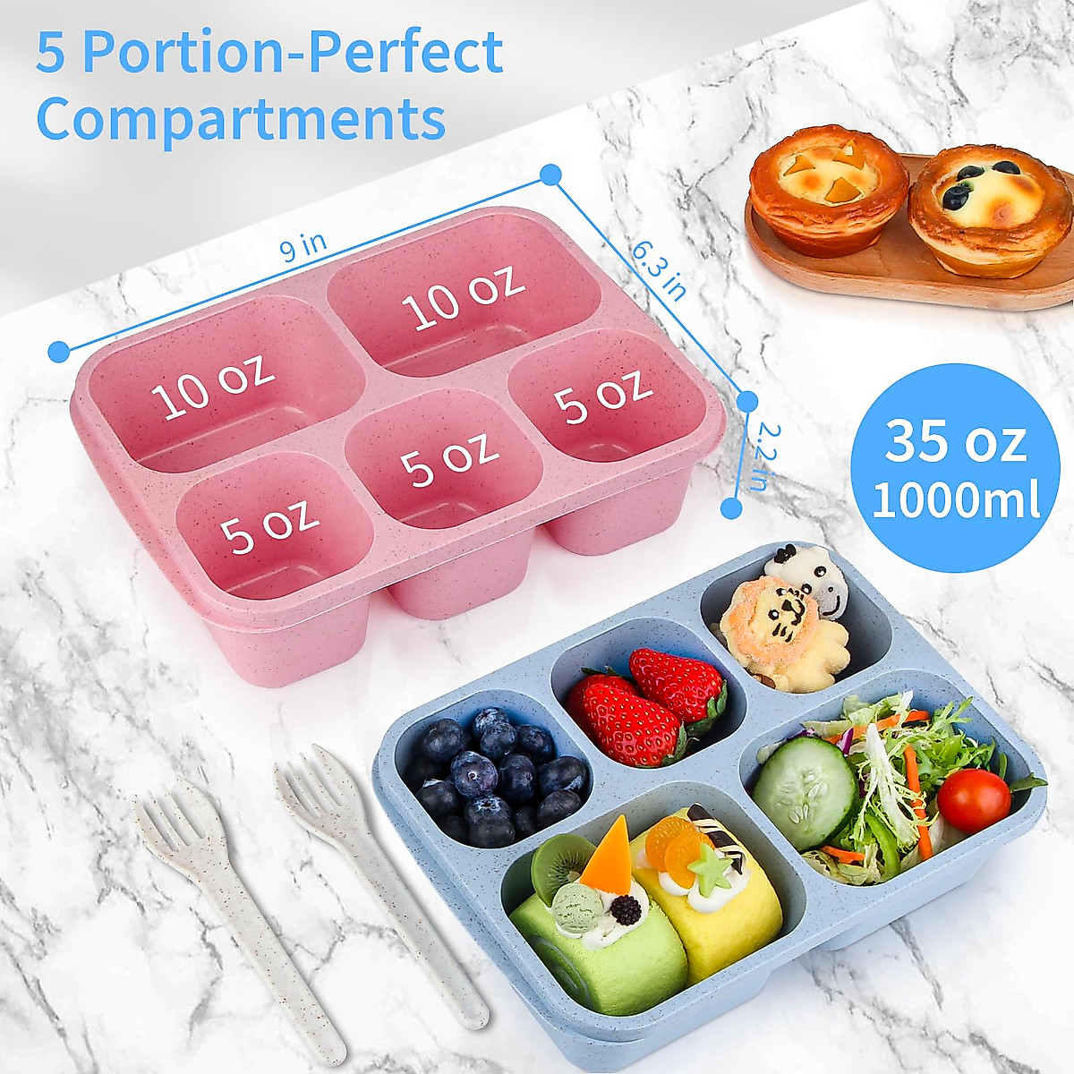 MaMix Bento Box Adult Lunch Box, 5 Compartment Bento Box for Adults 4 Pack, Reusable Stackable Snack Containers for Kids Adults with Utensils, for School, Work, and Travel (Wheat)