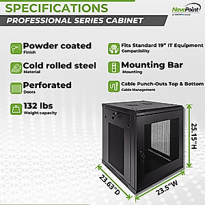 NavePoint 12U Server Rack Enclosure - 23.6” Deep, 12U Wall Mount Network Cabinet with Locking Perforated Door, 19” IT Equipment Compatible, 12U Network Rack, Removable Side Panels, Black