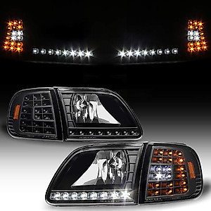 ACANII - For 1997-2003 Ford F150 Expedition Black Housing LED Strip & Corner Signal Headlights Headlamps Pair Left+Right