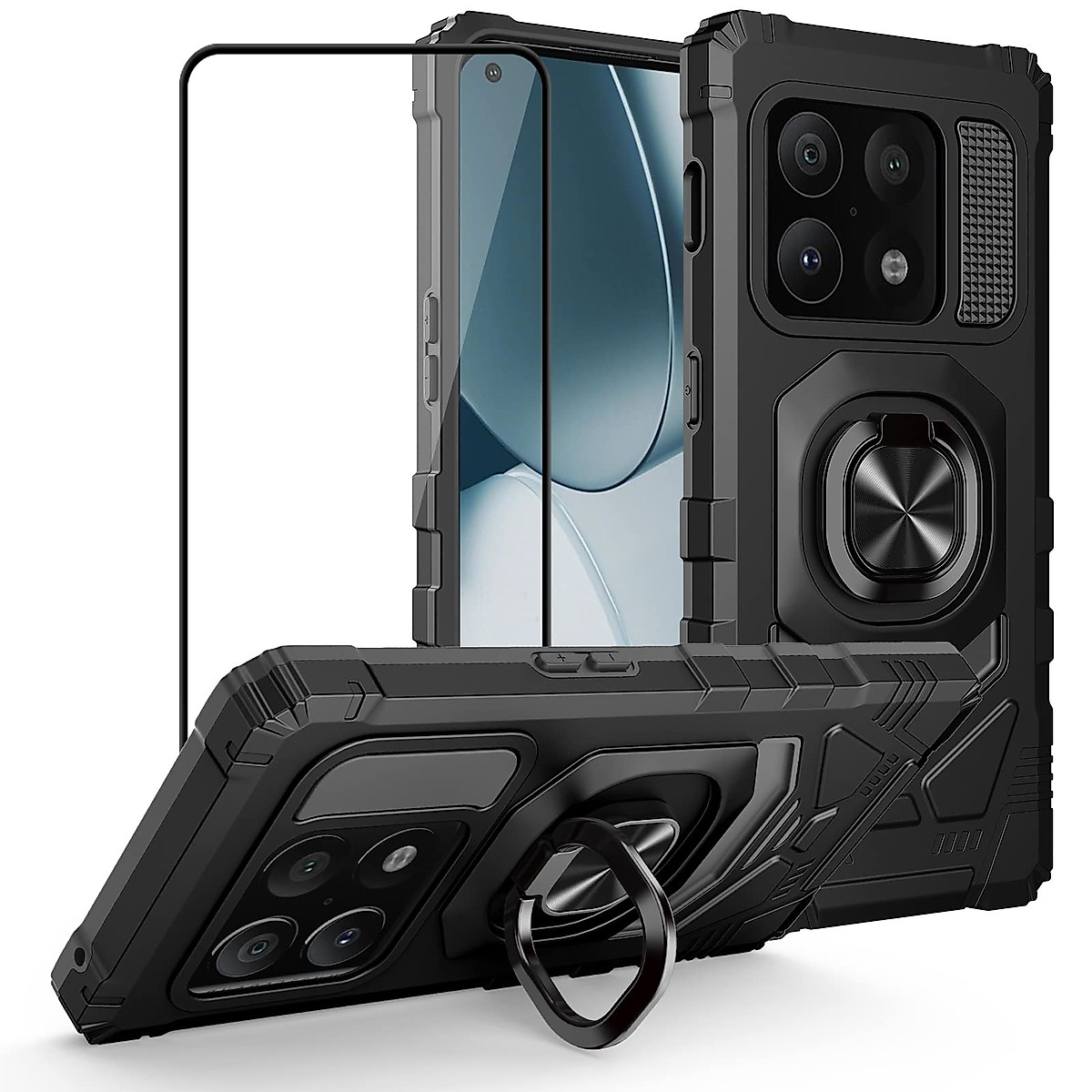 Ailiber Compatible with OnePlus 10 Pro Case, 1+ 10 Pro Case with Screen Protector, Ring Kickstand for Magnetic Car Mount, Heavy Duty Shockproof Protective Rugged Phone Cover for One Plus 10 Pro-Black