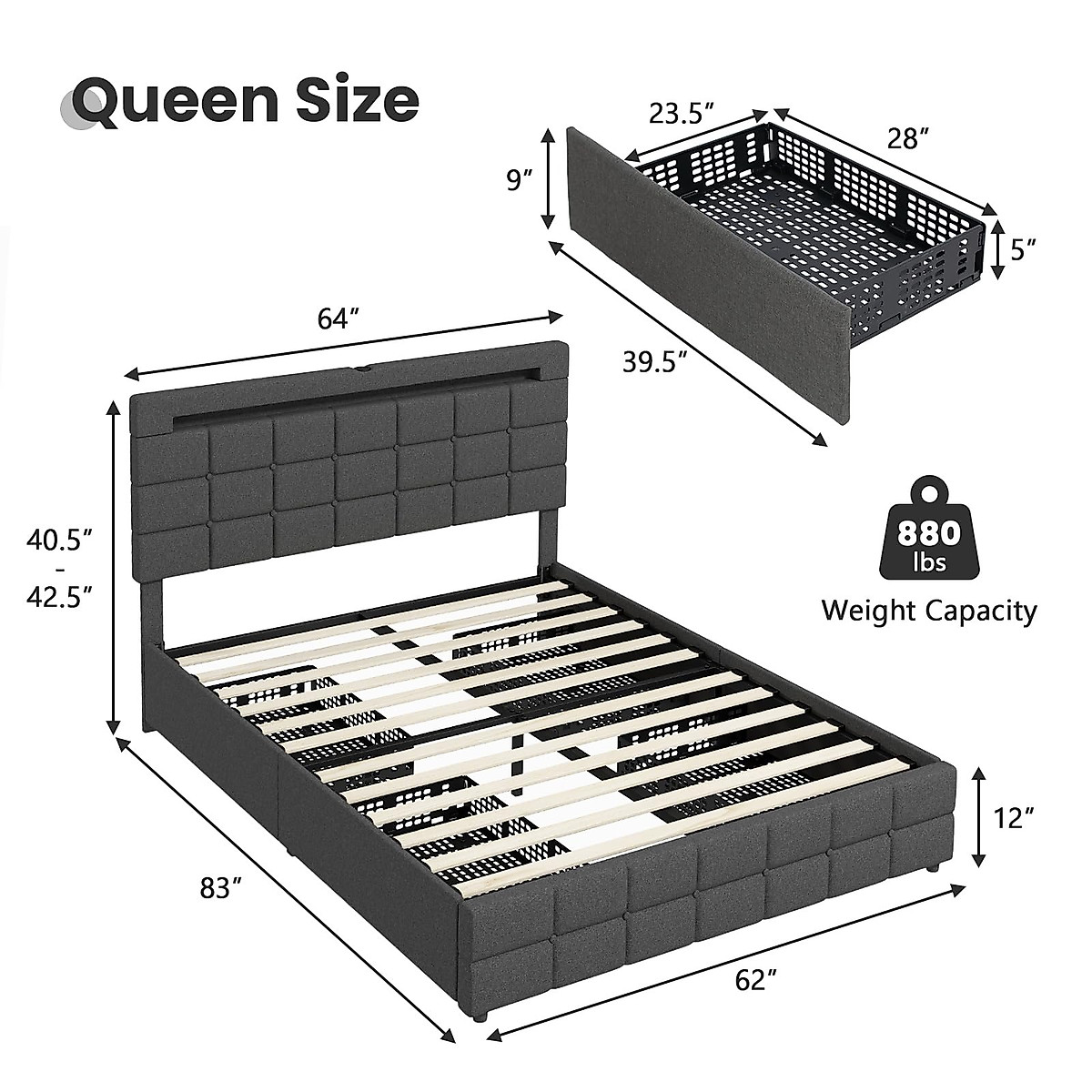 KOMFOTT Queen Bed Frame with Charging Station & LED Lights, Upholstered Platform Bed Frame with Adjustable Headboard & 4 Storage Drawers, Solid Wooden Slats Support, No Box Spring Needed, Noise Free