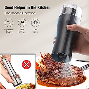 Electric Automatic Salt or Pepper Grinder, Pepper or Salt Mill Grinder USB Rechargeable, Upgraded Ultra-Larger Capacity with 3 Replaceable Container, LED Light, One Hand Operated